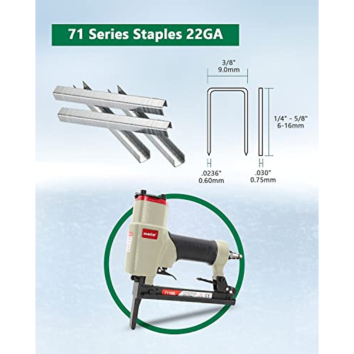 meite 7116BL Pneumatic Upholstery Stapler with Long Nose-1/4-Inch to 5/8-Inch 22 Gauge 3/8'' Crown Fine Wire Stapler