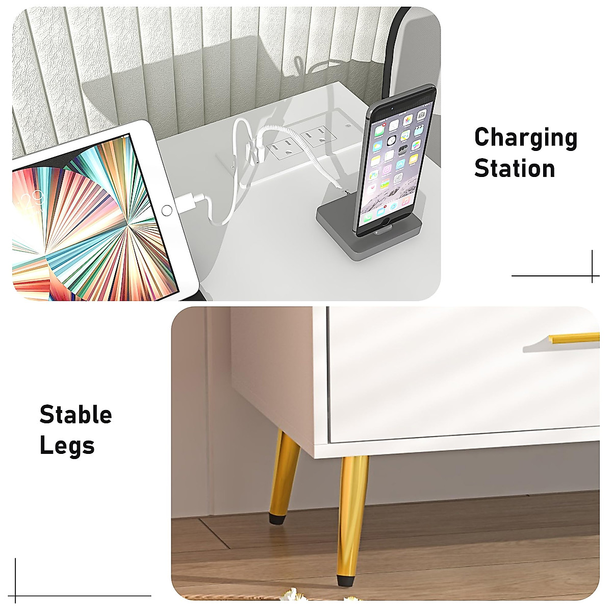 SOSPIRO 7 Drawer Dresser for Bedroom, Modern White Gold Dresser with Wide Drawers and Power Outlets, Long Chest of Drawers for Living Room Hallway Entryway, White