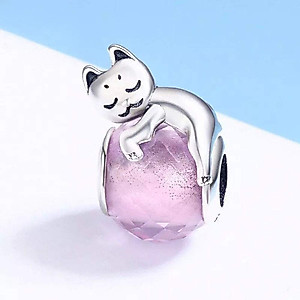 Lovely Animals Charm 925 Sterling Silver Animal Charm Beads for Fashion Charms Bracelet & Necklace (Cute Cat & Pink Glass)