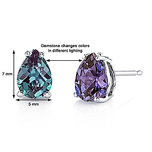 Peora Created Alexandrite Earrings for Women 14K White Gold, Classic Solitaire Teardrop Studs, Color-Changing Pear Shape 7x5mm, 1.75 Carats total, Friction Back