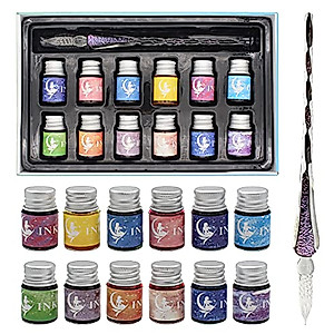 XIAOYU Mermaid Story Glass Pen, Mermaid Story Glass Dip Pen Ink Set, Mermaid Story Calligraphy Dip Pens, Starry Sky Crystal Calligraphy Pen and Ink Set with 12 Colorful Inks, Purple