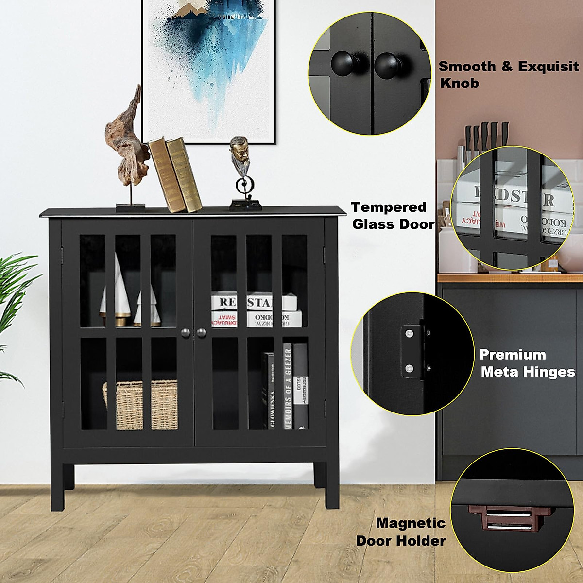 UJOYPAD Double Door Storage Cabinet,Sideboard Buffet Storage Cabinet,Kitchen Sideboard Console with 2 Glass Doors,Entryway Dining Liquor Cabinet,Cupboard Console Table for Kitchen Living Room (Black)