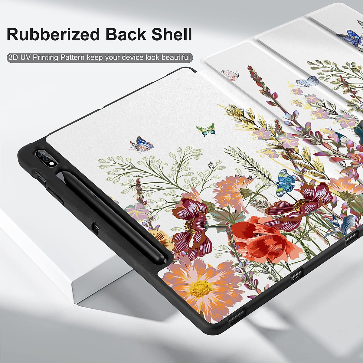 DONGKE Case for Samsung Galaxy Tab S8 Plus 2022 / S7 FE 2021 / S7 Plus 2020 12.4 Inch with S Pen Holder [SM-X800/X806/X808], Ultra Thin Lightweight Trifold Stand + Auto Wake/Sleep, Floral