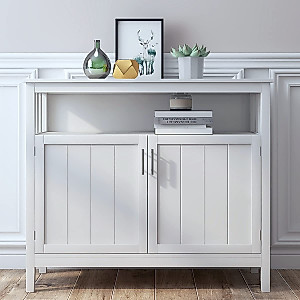 RASOO Buffet Cabinet White Kitchen Sideboard Buffet Storage Server Cupboard Cabinet Console Table with 2 Doors and Adjustable Shelf