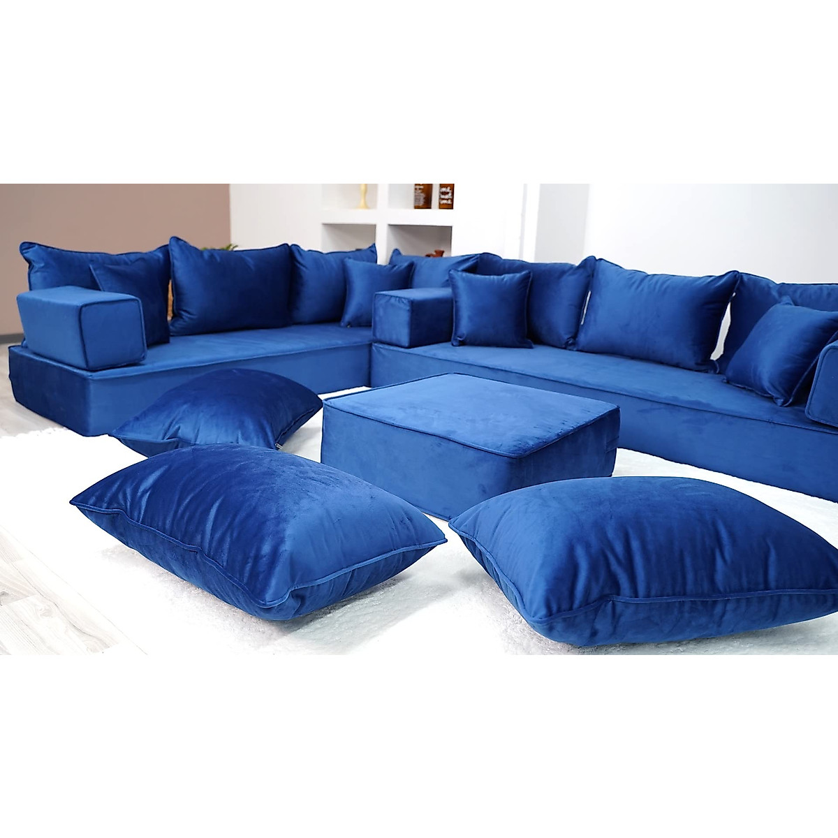 8" Thickness Fabric Royal Blue L Shaped Couch, Moroccan Livingroom Floor Couch, Velvet Sofa Cover, Sofa Bed, Velvet Arabic Seating (L Sofa + Ottoman + Pillows)