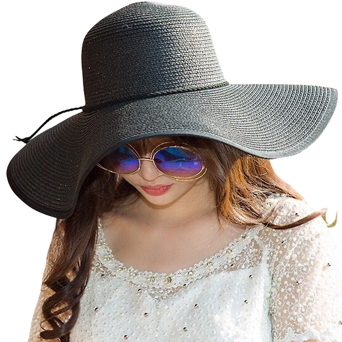 JOYEBUY Women Lady Big Bowknot Straw Hat Floppy Foldable Roll up UV Protection Beach Cap Sun Hat (Style B-Black)