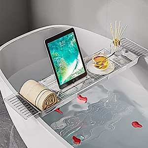 Ollimy Bath Shelf Bathtub Tray, Adjustable Bathtub Caddy Tray Storage Rack - Bathroom Bathtub Tray - Expandable Bath Shelf Fits All Tubs (Transparent)