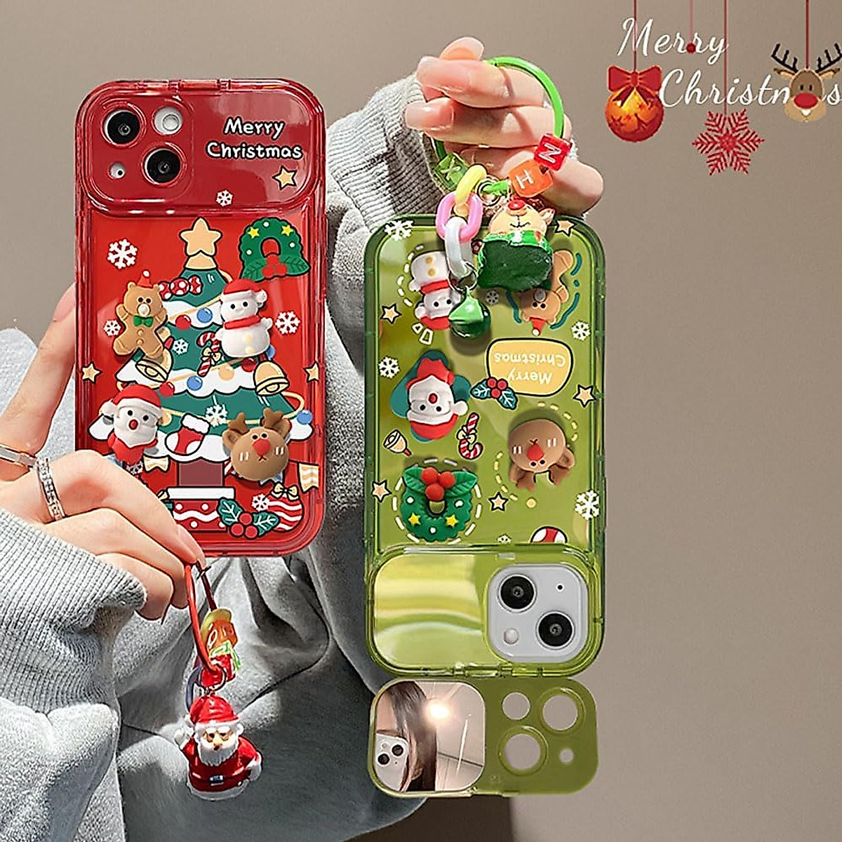 LELEBEAR Christmas Phone Case, Christmas Tree Pendant Flip Mirror Case Cover Suitable for iPhone 15 14 13 12 Series (Holiday red, 14PRO MAX)