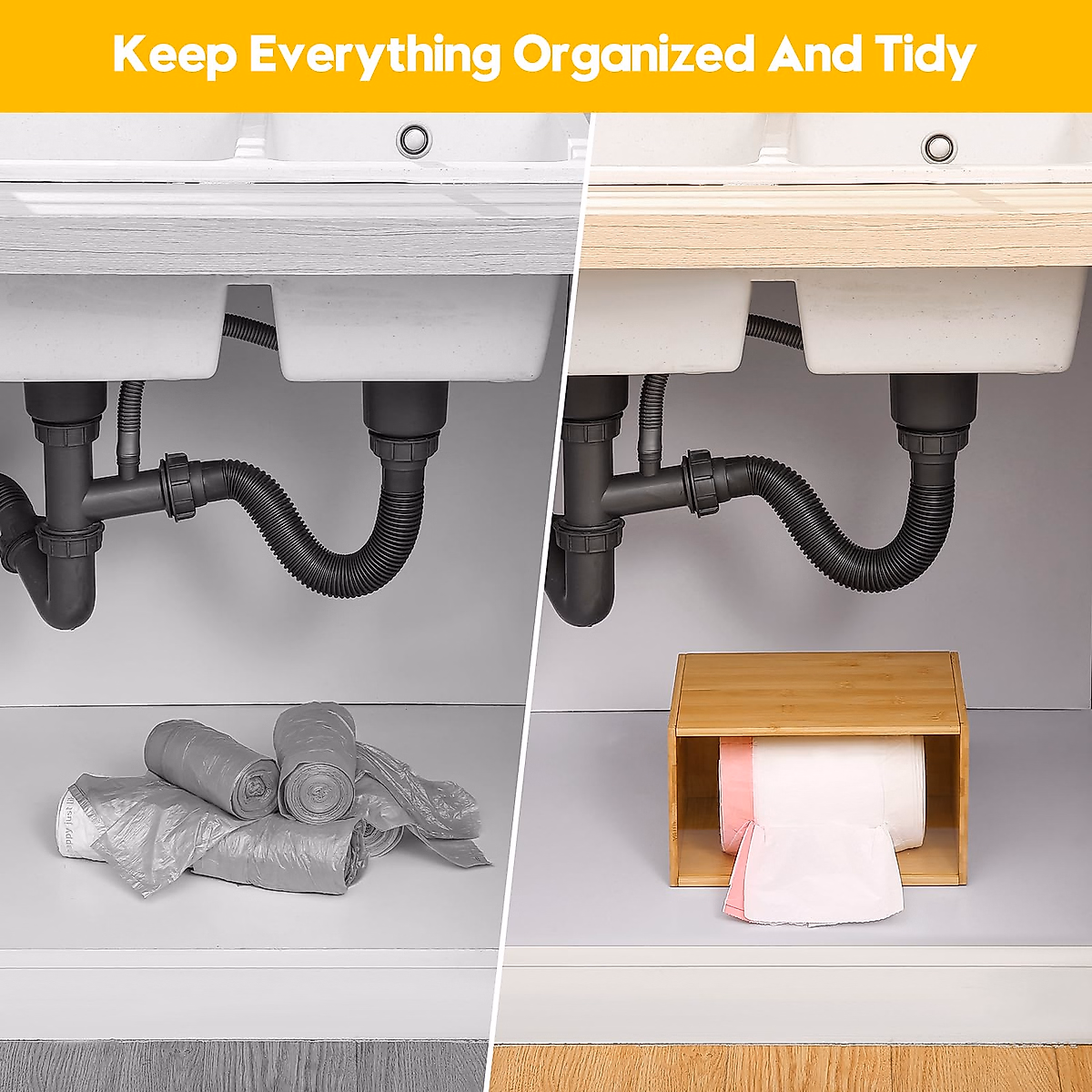 Qozary Extra Large Trash Bag Holder - Wall Mounted Bamboo Trash Bag Dispenser with Handles, Garbage Bag Dispenser Roll Holder for Kitchen Countertop, Under Sink - Keeps Garbage Rolls Neat and Handy