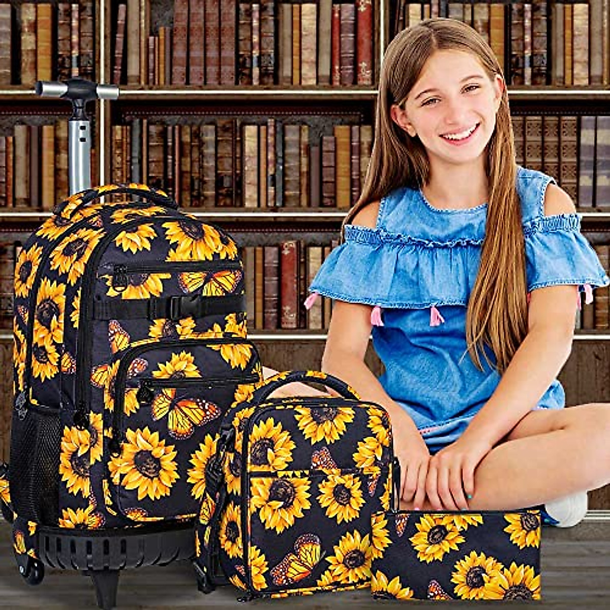 Rolling Backpack for Girls, 21 Inch Roller Wheeled Sunflower Flowers Bookbag for Students School, Water Resistant Elementary Travel Backpacks with Wheels