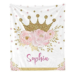 Custom Blanket Personalized Blush Floral Gold Soft Fleece Throw Blanket with Name for Gifts Sofa Bed (50 X 60 inches)