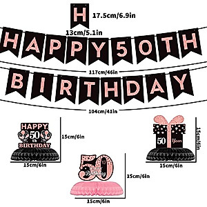 50th Glitter Rose Gold Birthday Banner Party Decorations, Happy 50th Birthday Decorations Hanging Swirls Banner Honeycomb Centerpieces for Women Happy 50 Years Old Bday Party