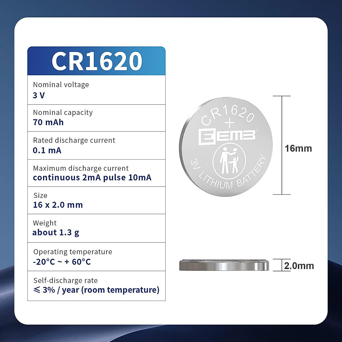 EEMB CR1620 Battery 5 Pack CR1620 3V Lithium Battery Button Coin Cell Batteries 1620 Battery 70mAh ECR1620, DL1620 for Watch, Key Fob, Calculator, Mobile Game, Toys