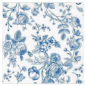 Lonfliness 120Pcs Blue Floral Napkins 2 Designs Flower Chinoiserie Paper Napkins Blue and White Disposable Decorations Dinner Dessert Supplies for Wedding Birthday Baby Bridal Shower Tea Party Decor