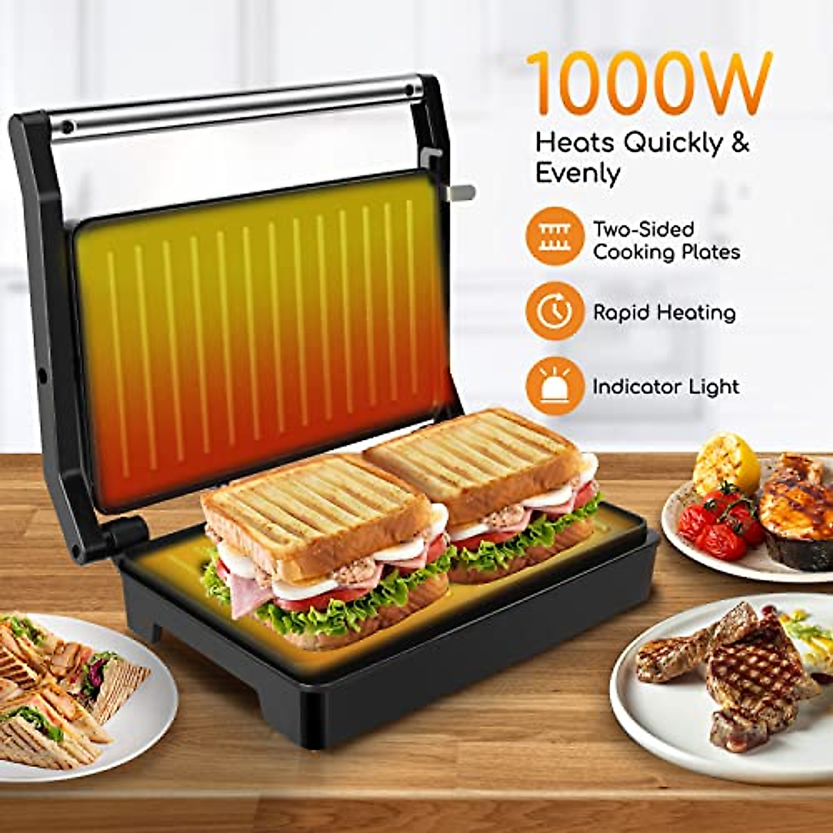 Panini Press Grill, Aigostar 1000W Sandwich Maker with Non-Stick Double Flat Cooking Plate, Indicator Light, Locking Lid, Cool Touch Handle, Panini Maker Electric Indoor Grill Easy to Storage & Clean