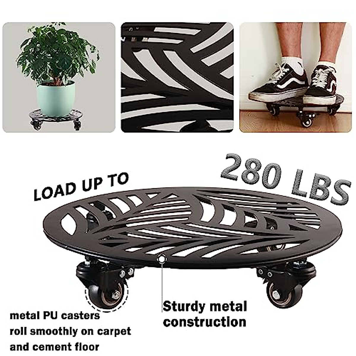 Large Metal Plant Caddy with Wheels 14 Inches Heavy-Duty Wroght Iron Rolling Plant Stand with Casters Indoor Outdoor Plant Pot Roller Base Plant Movers Plant Saucers Black, Strong Load Capacity