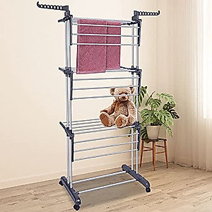 Bigzzia Clothes Drying Rack Folding Clothes Rail 3 Tier Clothes Horses Rack Stainless Steel Laundry Garment Dryer Stand with Two Side Wings Grey