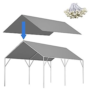 Canopy Replacement Cover for 10' x 20' Carport Frame, 200G Heavy Duty Replacement Top Cover for Car Garage, Waterproof & UV Protected Tarp with 48 Ball Bungees (Only Cover, Frame Not Included), Grey
