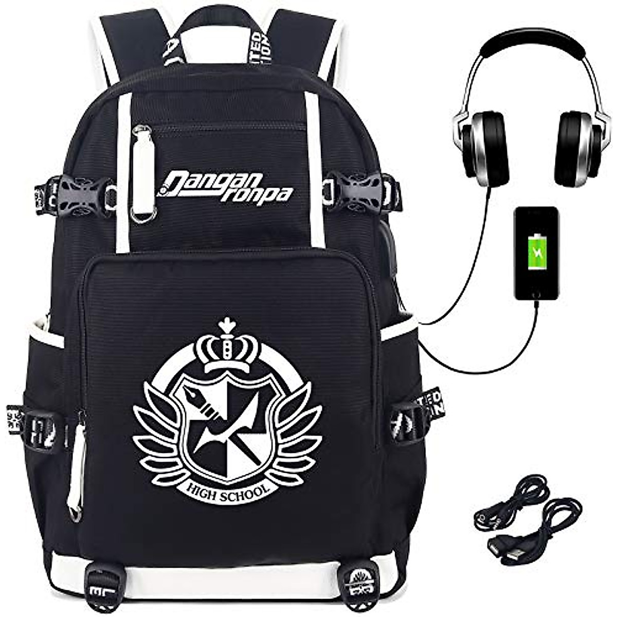 Roffatide Anime Monokuma Printed Backpack Luminous Schoolbag Laptop Rucksack with USB Charging Port & Headphone Port Black