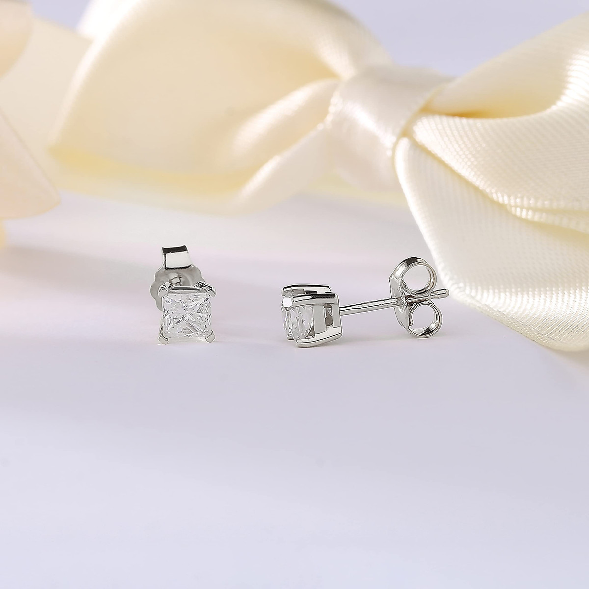 10k White Gold 3/8Ct TDW Princess Diamond Stud Earring by DZON Love Gift for Women (H-I, I2-I3)