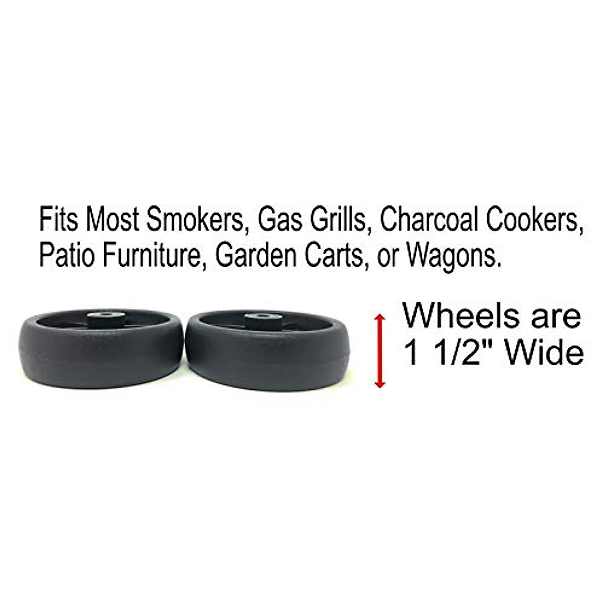 Nickanny's Set of 2 Replacement BBQ Grill Wheels Pair Set Kit-Solid Plastic Wheel 5” x 1.5” w/ 3/8” Axle Hole for Outdoor Charcoal Gas Smoker Barbecue Pit- Rueda and Llantas Parts