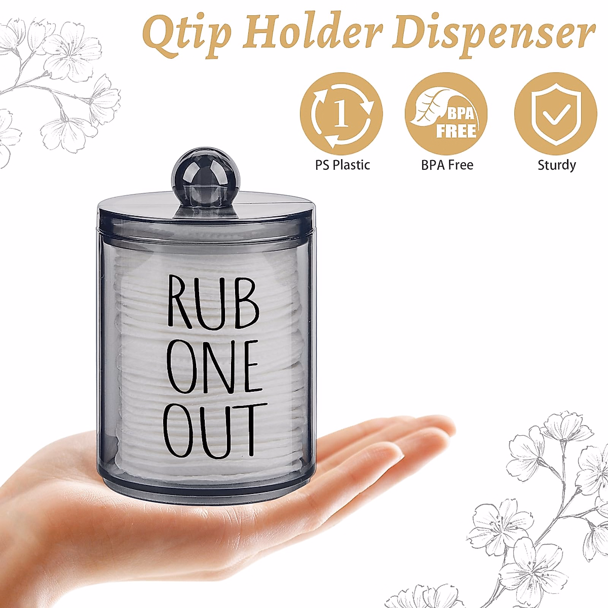 4 Pack Qtip Holder Dispenser with Lids and Labels - 10 oz Acrylic Apothecary Jars Plastic Bathroom Vanity Canister Organizer for Cotton Balls, Pads, Swabs, Floss (Black)