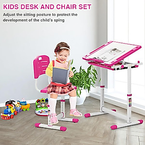 Ruesleag Kids Desk Chair Set,Children’s Study Desk Multi-Func Height Adjustable Desk and Chair School Writing Computer Table w/Pull Out Drawer Storage 45°Tilted Desktop for School Home Boys&Girls,Pink