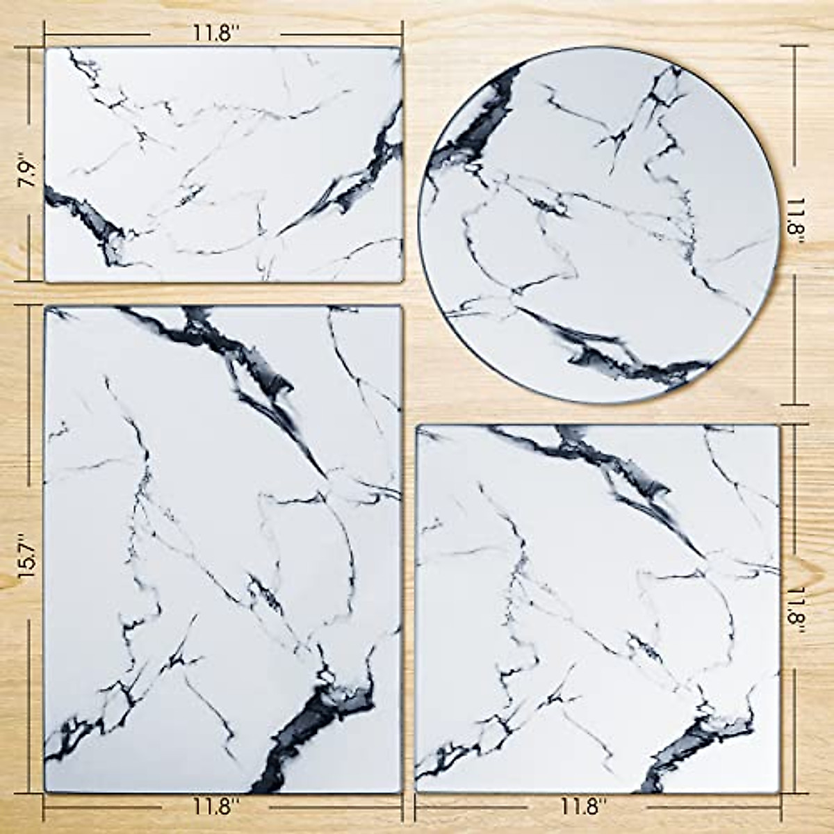 VASUHOME Glass Cutting Board Set of 4, The Place Mat,Shape Variety Decorative Marble Cutting Board with Tempered Glass, for Kitchen, White