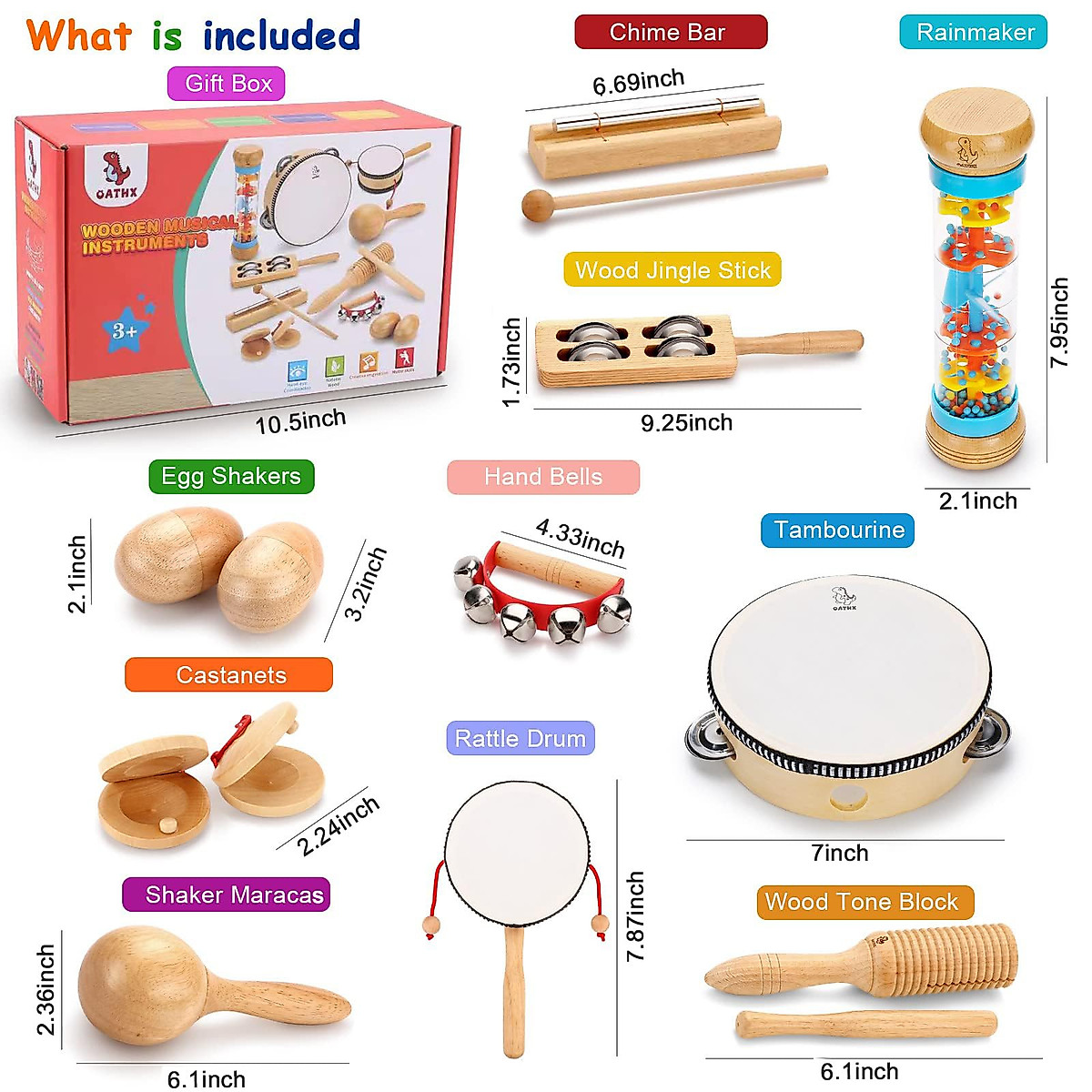 OATHX Kids Musical Instruments, Wooden Sensory Musical Toys for Toddlers Percussion Instruments Montessori Toys Baby Preschool Learning Music Toys Birthday Gifts for Boys Girls