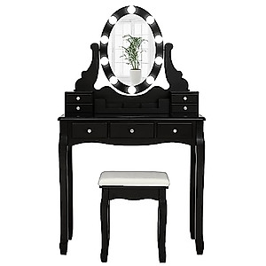 Quimoo Large Vanity Desk with LED Lighted Mirror & Power Outlet,Makeup Vanity Table with 7 Drawers,4 Shelves and 8 Hooks,for Bedroom,Bathroom,Black