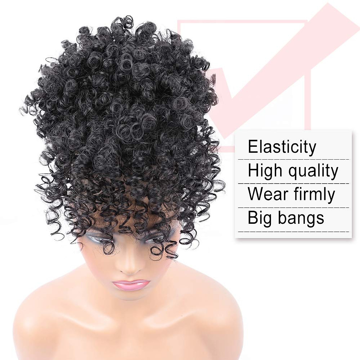ENTRANCED STYLES Drawstring Ponytail with Bangs Afro Puff Ponytail Extensions for Women Short Curly Puff Ponytail with Bangs Clip in Wrap Updo Hairpiece for Women(1B)
