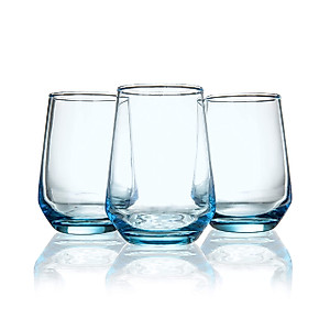 Burns Blue Drinking Glasses, 6 pcs Stemless Wine Glasses Italian-Style, Clear Colored Glass Cup Set, 13 Oz.