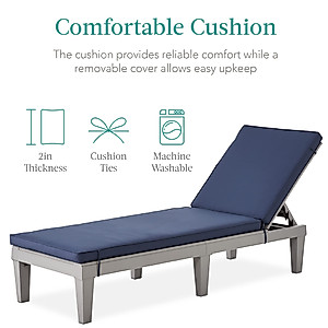 Best Choice Products Outdoor Lounge Chair, Resin Patio Chaise Lounger for Poolside, Backyard, Porch w/Seat Cushion, Adjustable Backrest, 5 Positions, 330lb Capacity - Gray/Navy
