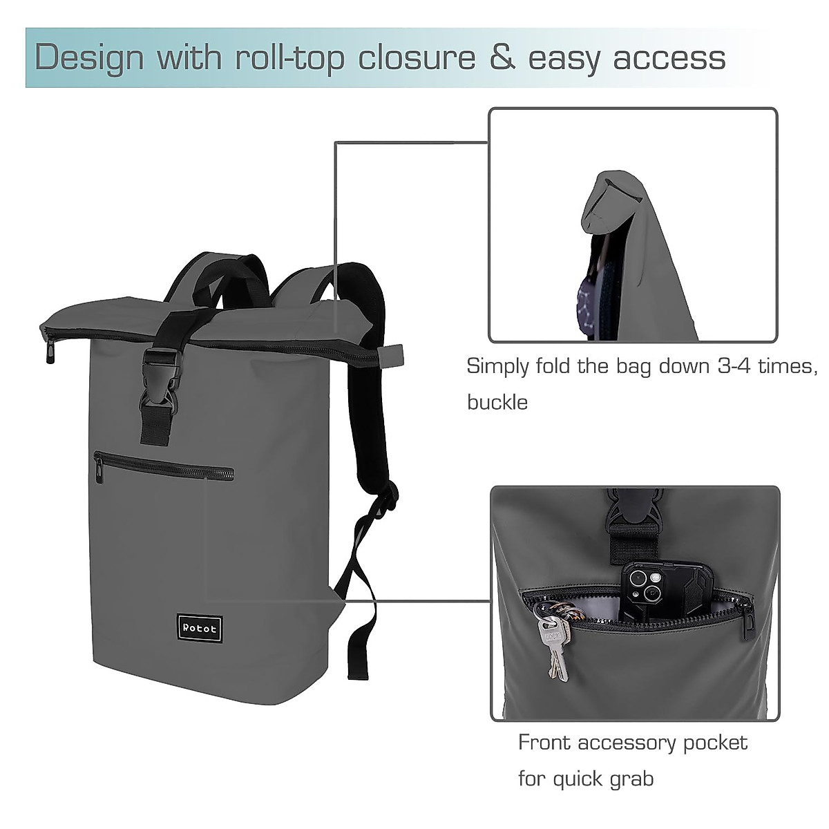 ROTOT Roll Top Travel Backpack, 22L High Volume Laptop Bag Carry on Accessories Essentials (Gray)