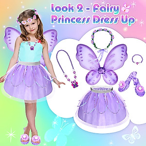 Unicorn & Flower Princess Dress Up Clothes Set for Girls - Tutu, Wings, Shoes, Jewelry, Headband & Play Toys Gift Set for Toddlers