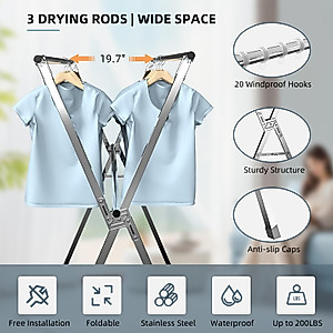 Unkqan Clothes Drying Rack,Heavy Duty Stainless Steel Garment Rack,Adjustable and Foldable Laundry Drying Rack for Indoor Outdoor Drying Rack Clothing with 20 Windproof Hooks (Silver, 79")