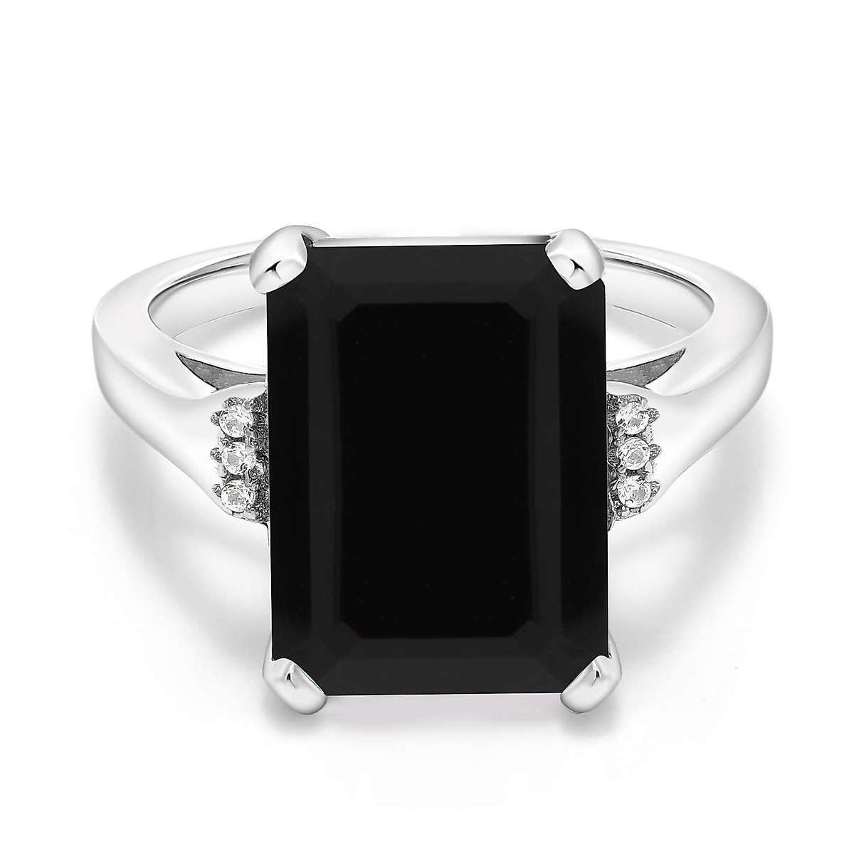 Gem Stone King 925 Sterling Silver Black Onyx Engagement Ring For Women (6.67 Cttw, Emerald Cut 14X10MM, Gemstone Birthstone, Available in size 5, 6, 7, 8, 9)