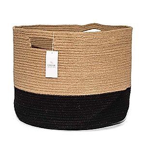 Chloe and Cotton XXXL Extra Large Woven Rope Storage Basket 15 x 21 inch Jute Black Handles | Decorative Laundry Clothes Hamper, Blanket, Towel, Baby Nursery Diaper, Toy Bin Cute Collapsible Organizer