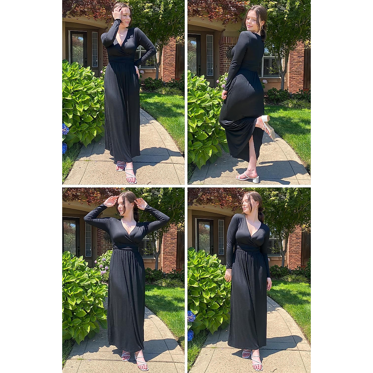 OUGES Womens Long Sleeve Black Dress V-Neck Wrap Waist Fall Formal Maxi Dress Winter Dresses for Women 2025(Black,XL)