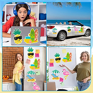 JAPBOR 4pcs Cruise Door Magnets Decorations Magnetic, Refrigerator Car Cabin Ship Magnet, Tropical Beach Summer Hawaii Decal, Flamingo Pineapple Surfboard Fridge Sticker for Home Kitchen Cabinet Decor