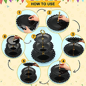 10 Pcs Dessert Table Display Set 3 Tiers Plastic Cupcake Stand Rectangle Serving Trays Tablecloth Sequin Table Runner for Wedding Birthday Baby Shower Tea Party Decorations (Black)