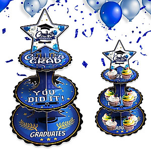 Hying Graduation Cupcake Stands 2024 for Dessert Table Party, 3 Tire Round Cardboard Dessert Stand 2024 Blue for Graduation Party Favors Supplies 2024 Cupcake Tower Display Congrats Grad 2024