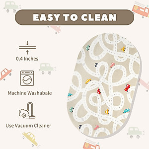STARUIA Large Kids Rug for Playroom, 4'x6' Washable Road Rug for Nursery, Non-Slip Car Rug for Boys Room, Tan Traffic Classroom Rug Soft Baby Play Mat for Dorm Toy Room Tent
