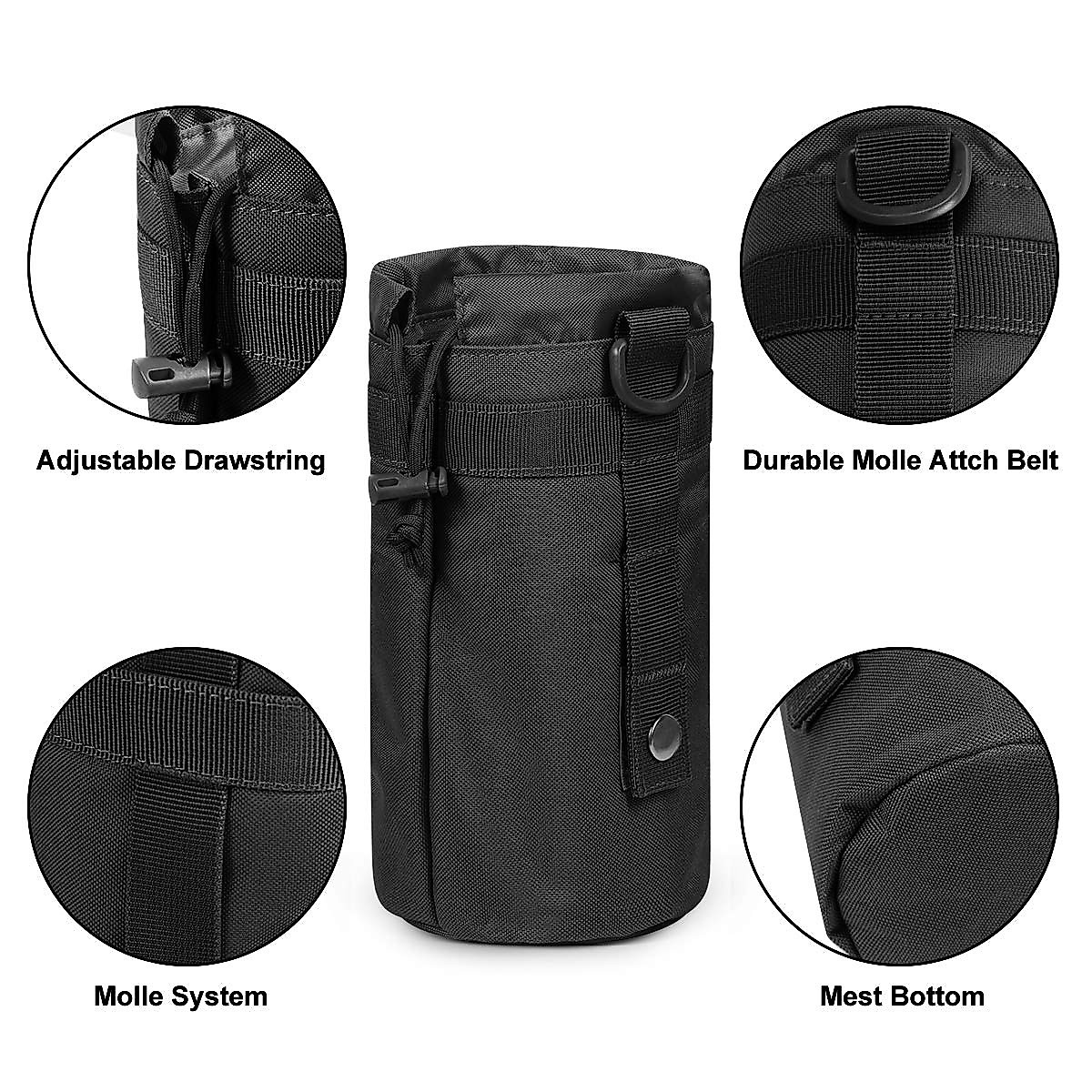 Gogoku 3-Pack Combo Molle Pouch Water Bottle Pouch Holder with Detachable Flag Patch & 5 D-Ring Clip Tactical Molle Pouches Compact Utility EDC Waist Bag Pack Black