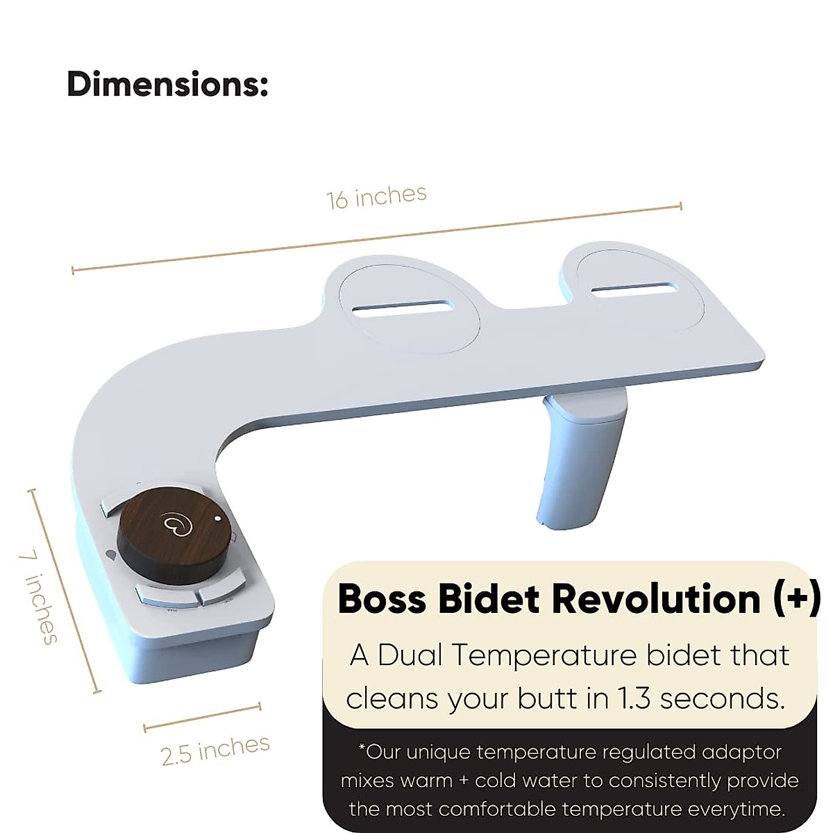 Boss Bidet Revolution Plus (Warm Water). Bidet Attachment for toilet. Luxury design, Bidet sprayer for toilet, non electric, dual nozzle, feminine wash, self cleaning. Italian Oak Wood.