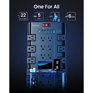 Power Strip, SUPERDANNY Surge Protector with 22 AC Outlets and 6 USB Charging Ports, 1875W/15A, 2100 Joules, 6.5Ft Flat Plug Heavy Duty Extension Cord for Home, Office, Dorm, Gaming Room, Black
