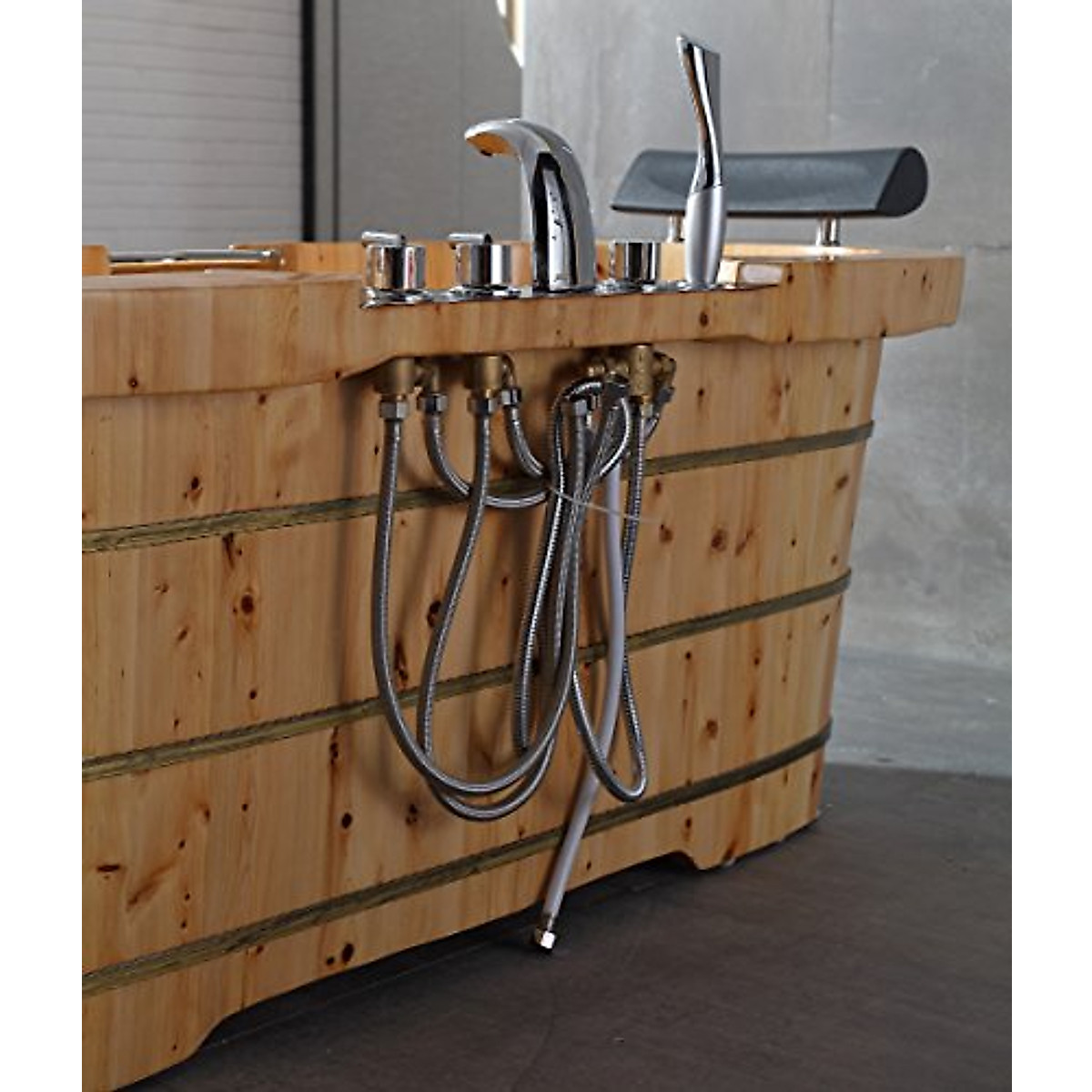 Alfi Brand AB1130 2 Person Free Standing Cedar Wooden Bathtub with Fixtures & Headrests, 65"L x 30.75"W x 23.63"H, Natural Wood