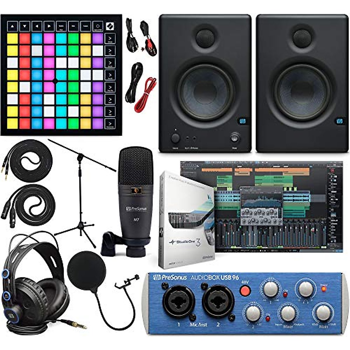 PreSonus AudioBox 96 Audio Interface Full Studio Kit w/Studio One Artist Software Pack w/Novation Launchpad X Grid Controller for Ableton Live, Eris 3.5 Pair Studio Monitors & 1/4” Instrument Cable