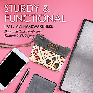 SIXTEASE Women's Fashion Wristlet Small Clutch With Wrist Strap - Vintage Style Zipper Made with Genuine Leather, Upcycled Canvas, Rug, or Hair On - Unique Designs, Hand Stitched - Mink