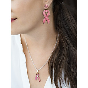 Glitter Rhinestone Pink Ribbon Drop Earrings Beaded Breast Cancer Awareness Earrings Jewelry for Women Breast Cancer Survivor Support Jewelry Gifts (Glitter rosy)